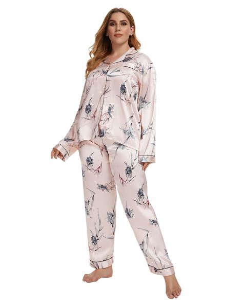 Mintlimit Womens Silk Satin Pajamas Button Down Floral Long Sleeve V