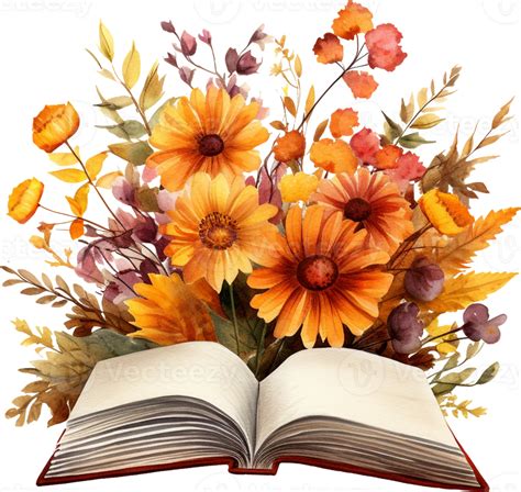 Watercolor Autumn Composition With Open Book And Fall Flowers 26979930 Png