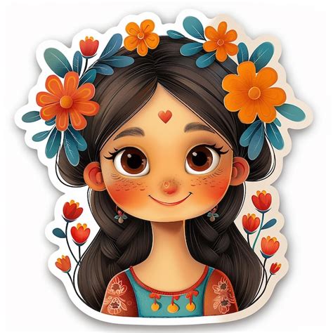 Boho Floral Girl Cute Die Cut Sticker Premium Ai Generated Image