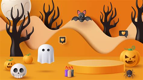할로윈은 무서운 장식품으로 연단 장식 배경을 표시합니다 벡터 3d 일러스트 레이 션 0명에 대한 스톡 벡터 아트 및 기타 이미지
