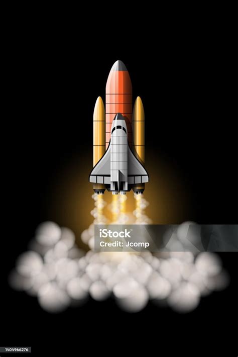 우주선을 우주 공간으로 가져 가기 위해 로켓이 발사됩니다 벡터 일러스트 레이 션을 3d 스타일로 Launch Party에 대한