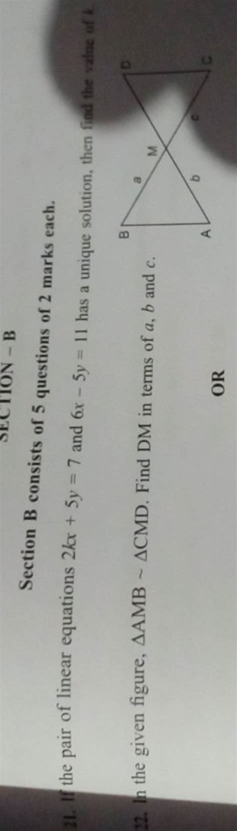 Section B Consists Of 5 Questions Of 2 Marks Each31 If The Pair Of Lin