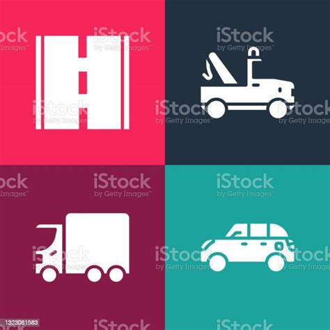 팝 아트 해치백 자동차 배달화물 트럭 견인 및 도로 아이콘을 설정합니다 벡터 Brand Name Domestic Car에 대한 스톡 벡터 아트 및 기타 이미지 Brand