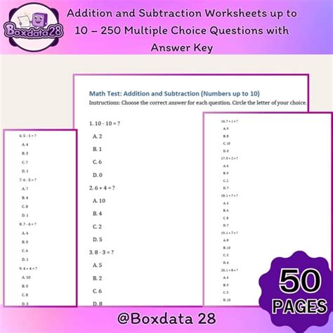 Addition And Subtraction Worksheets Up To 10 250 Multiple Choice