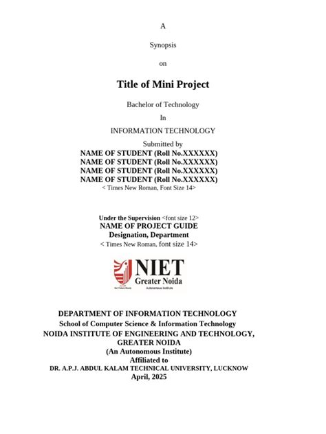 Final Mini Project Synopsis Sample Pdf Times New Roman Computing