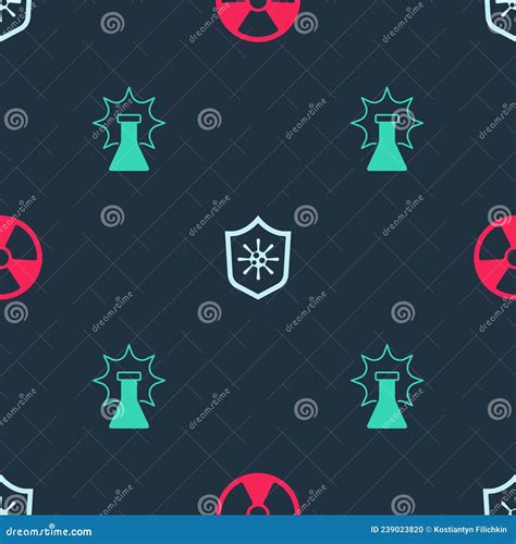 Set Radioactive Shield Protecting From Virus And Chemical Explosion On Seamless Pattern Vector