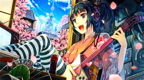 Blue Eyes Kimono City Anime Short Hair Anime Girls Japanese Clothes Cherry Blossom