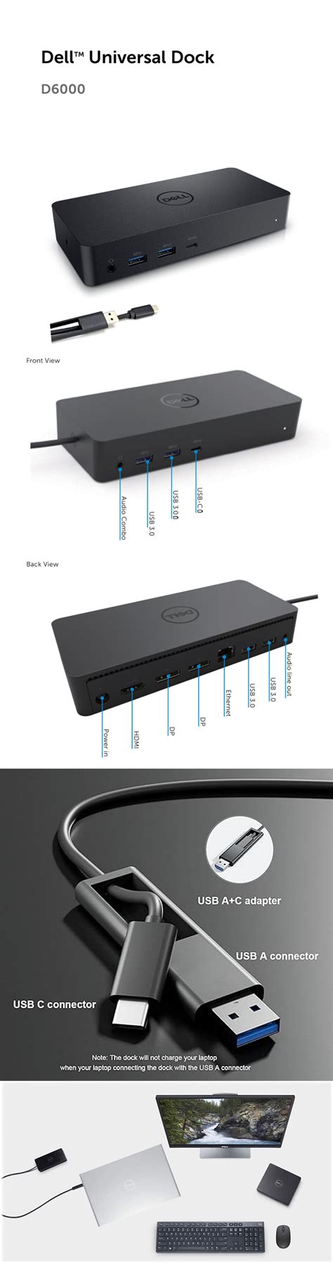 Dell Universal Docking Station D6000 Ultra 4k Power Supply 130w Usb 3 0 And Usb C Triple 4k