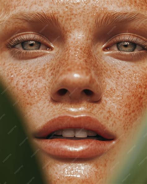 Closeup Portrait Of A Freckled Redhead Surrounded By Leaves Premium