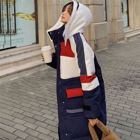 جاكيت نسائي بلون متباين ، جاكيت سميك دافئ ، باركا طويل بغطاء رأس ، معطف