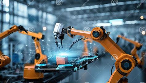 industrial robot works automatically in a smart autonomous factory