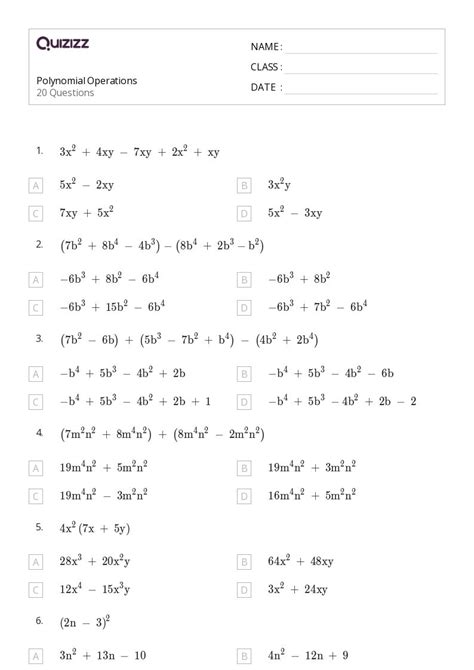 Polynomial Operations Worksheets For Th Year On Quizizz Free Printable