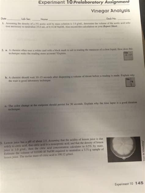Experiment 10 Prelaboratory Assignment Vinegar