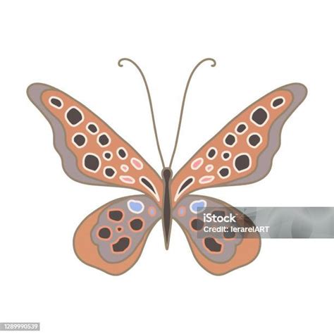 얇은 날개와 작은 검은 반점이있는 주황색 나비의 벡터 그림 메이크업 스튜디오 로고 뷰티 브랜드 장식 흰색에 고립 된 아름답고 귀여운 나비를위한 우아한 나비 0명에 대한 스톡