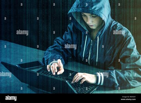 Hacker Teen Programmer Uses A Laptop To Hack The System Stealing Personal Data Creation And