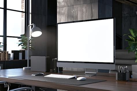 A Modern Office With A Whitescreen Computer Mockup And A Keyboard On A Table In A Modern Room