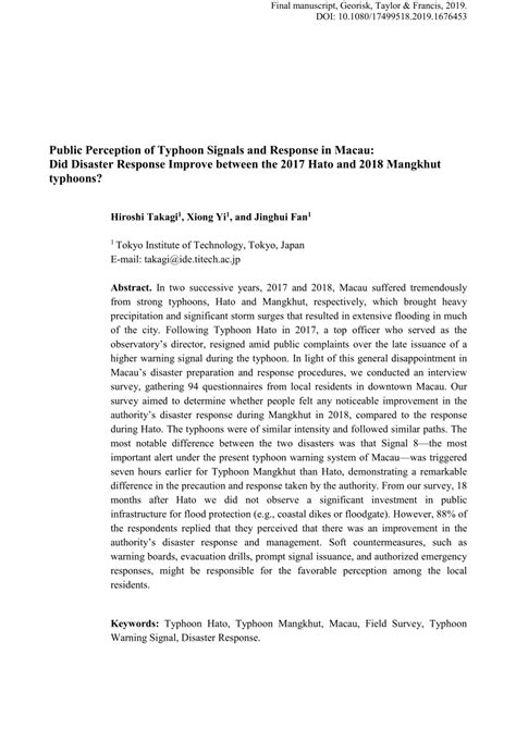 Pdf Public Perception Of Typhoon Signals And Response In Macau Did Disaster Response Improve