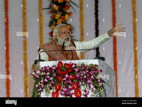 Indian Prime Minister Narendra Modi Speaks As He Lays The Foundation