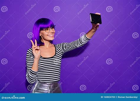 Pretty Lady Hold Hands Telephone Taking Selfies Showing V Sign Symbol Wear Specs Striped