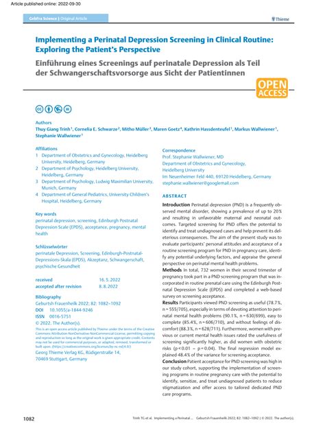 Pdf Implementing A Perinatal Depression Screening In Clinical Routine