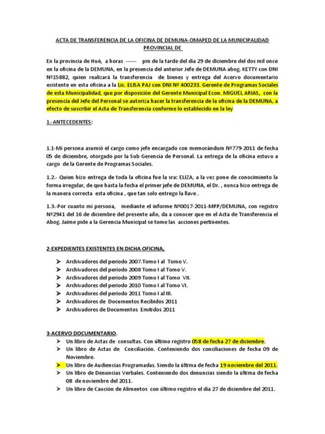 Acta De Transferencia De La Oficina De Demuna Int Pdf Equipo De