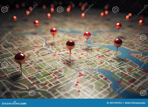 Urban Navigation Red Pins On City Map Guiding Exploratory Routes Stock Illustration