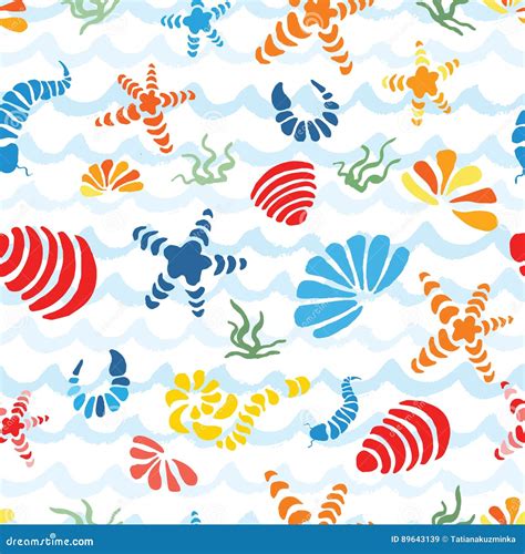 Hand Drawn Seamless Repeat Pattern With Seashells On Blue Waves Background Stock Illustration