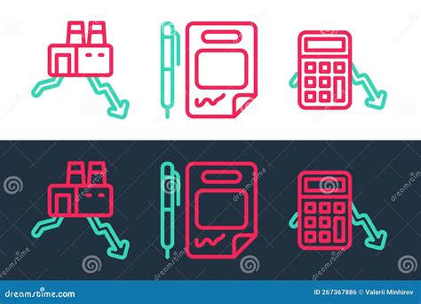 Set Line Calculation Of Expenses Shutdown Factory And Contract Money And Icon Vector Stock