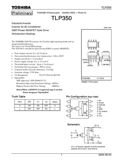 Toshiba TLP350 (TP1, F) Datasheet | PDF | Capacitor | Amplifier