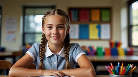 A Smiling Young School Girl With Braids Sits At Her Desk In A Classroom