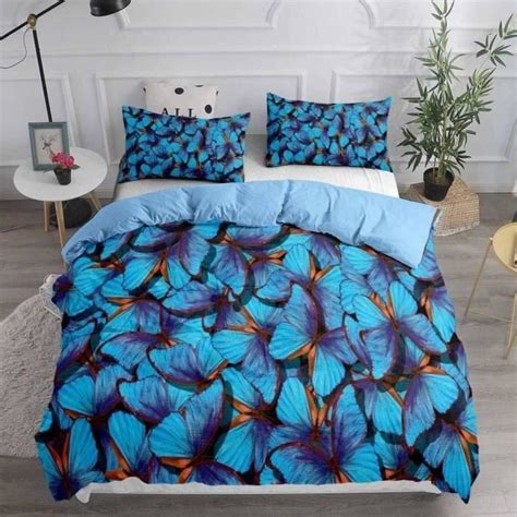 Housse de Couette Papillon Bleu en Fermeture éclair cachée et 2 Taie doreiller 100 Microfibre