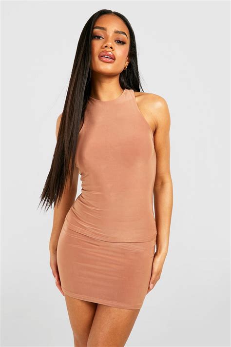 Mocha Double Layer Racer Neck Tank Top Boohoo Uk