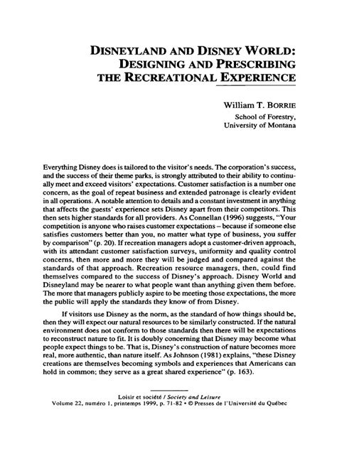 Borrie 1999 Disneylandrecreationalexperience Pdf Experience Customer Satisfaction