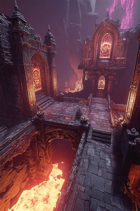 A Dark Cavern With Glowing Lava Streams And Ominous Carvings On The