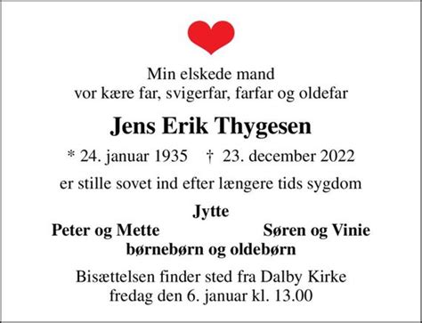 Jens Erik Thygesen Dødsannoncer I Danmark