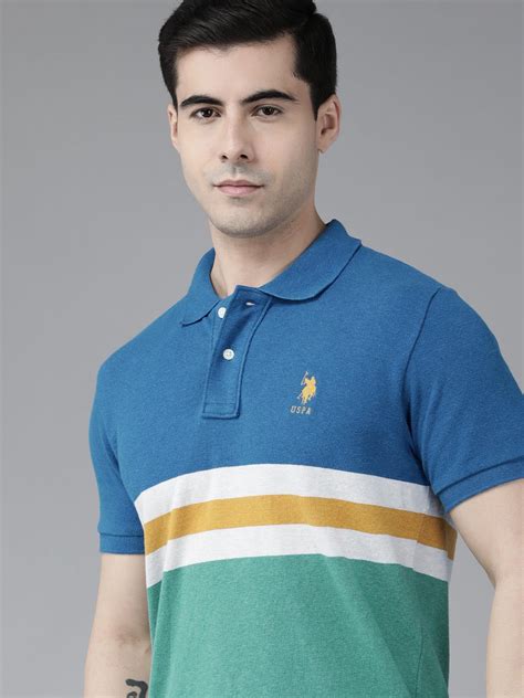 Buy U S Polo Assn Men Blue And Green Pure Cotton Colourblocked Polo