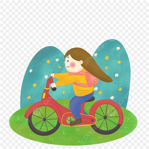 在春天騎自行車的小女孩 春季遊人物插圖 車小女孩 紅色自行車素材圖案，psd和png圖片免費下載