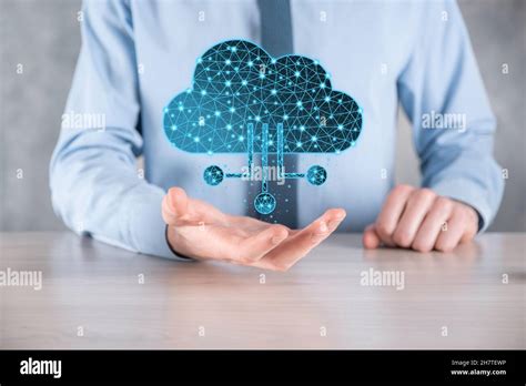 Cloud Technology Polygonal Wireframe Cloud Storage Sign With Data Collection Icon On Dark Blue