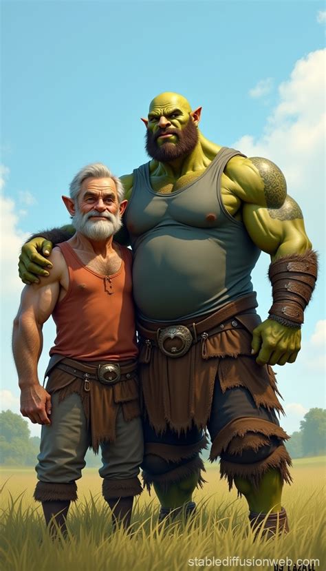 Strong Orc And Dwarf Stand Together In Friendly Pose Stable Diffusion