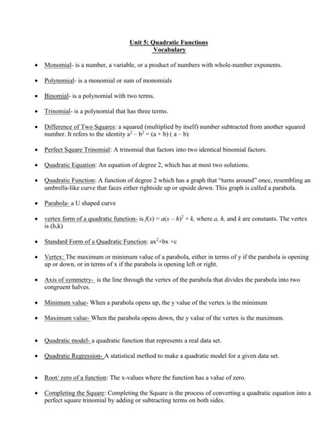 Unit 5 Quadratic Functions Vocabulary Monomial