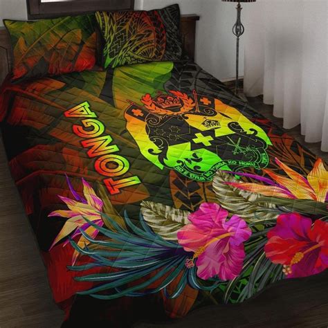 Tonga Polynesian Quilt Bed Set Hibiscus And Banana Leaves