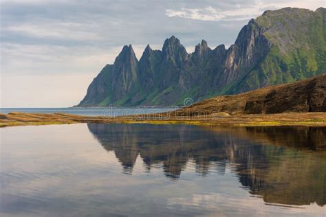 The Tungeneset Devil`s Teeth Mountains Over The Ocean In Senja Island