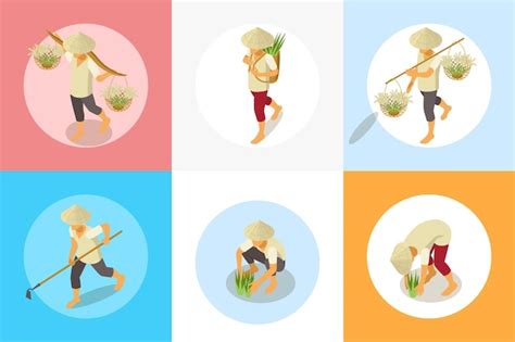 Free Vector Rice Production Isometric Set Of Circle Compositions With Characters Of Workers