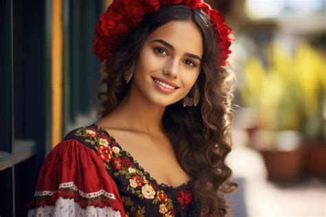 Cute Young Beautiful Spanish Woman In National Costume Premium Ai