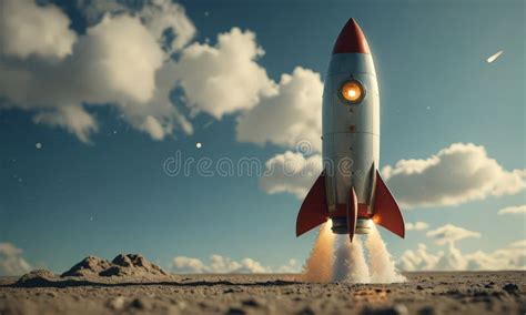 Red And White Rocket Soars Through Cloudy Sky Leaving Trail Smoke As