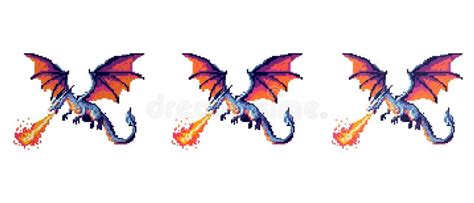 Pixel Dragon Breathing Fire With Blue Body And Wings Stock Illustration