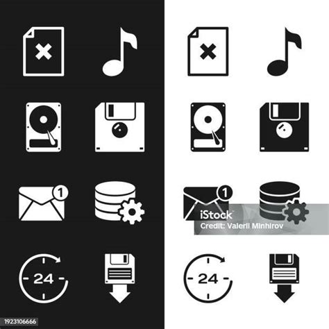 플로피 디스크 하드 드라이브 Hdd 파일 문서 삭제 음악 음표 톤 새로 만들기 이메일 수신 메시지 및 데이터베이스 서버 설정 아이콘을 설정합니다 벡터 24에 대한 스톡 벡터