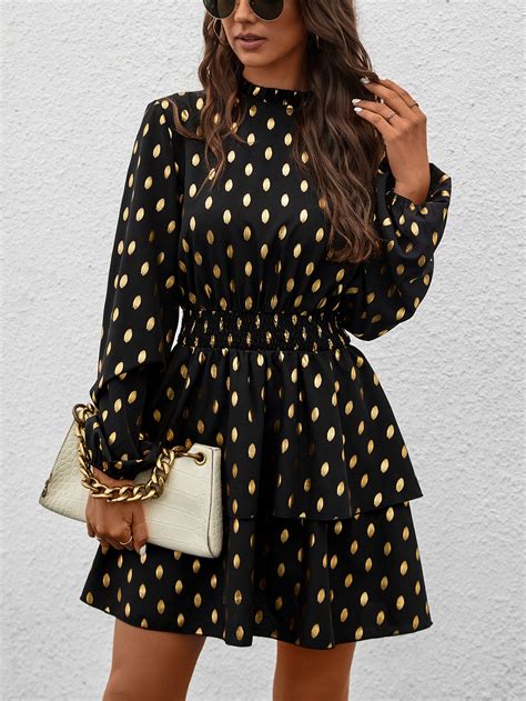 Shein Lune Gold Dot Print Bishop Sleeve Layer Hem Dress Shein Usa