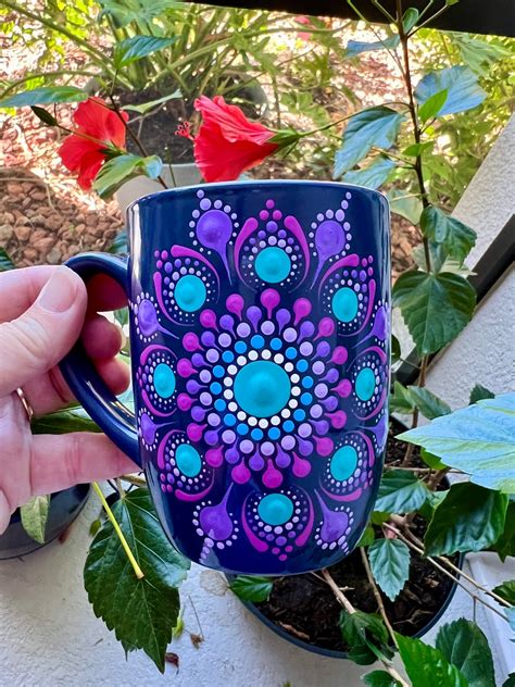 Hand Painted Mandala Mug Hand Painted Dot Art Dot Mandala Teal