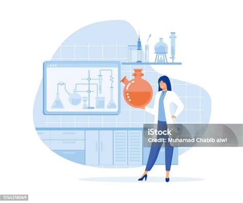 플라스크를 든 여성 과학자 실험 과학자 실험실 조수 생화학 플랫 벡터 현대 일러스트 레이 션 개념에 대한 스톡 벡터 아트 및